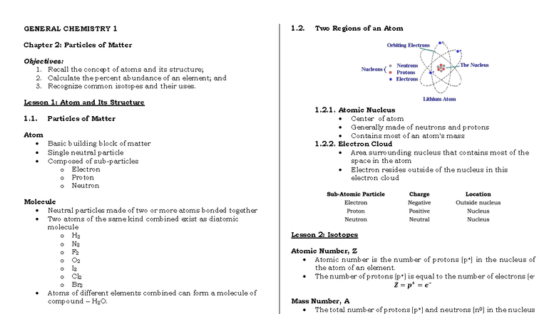 GENERAL CHEMISTRY 1: Chapter 2 - Particles of Matter Overview - Studocu
