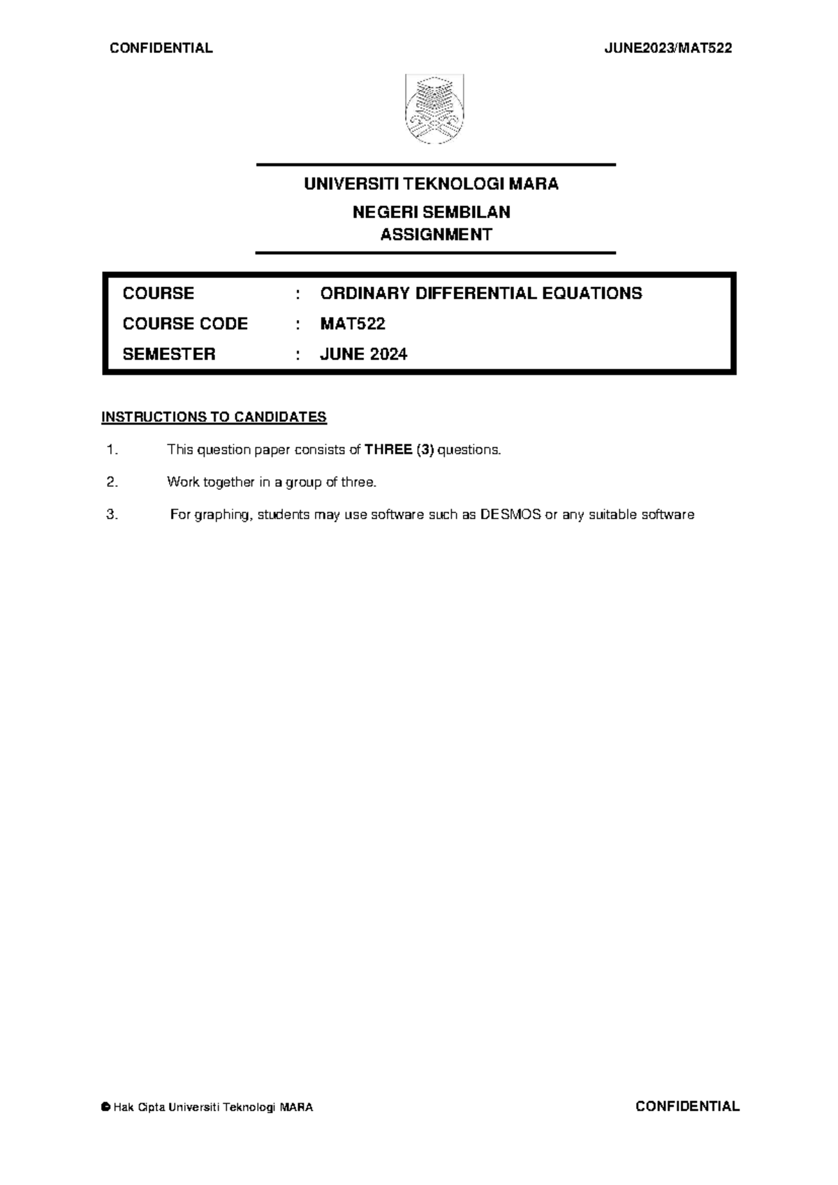 Group Assignment MAT522: Ordinary Differential Equations - June 2024 - Studocu
