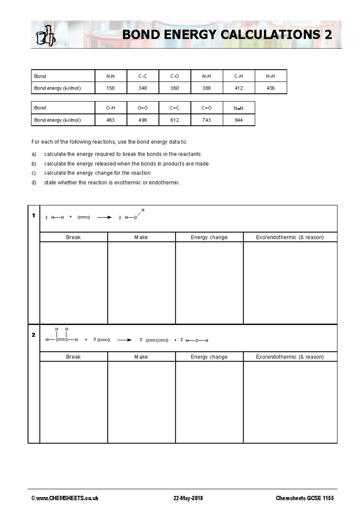 Chemsheets GCSE 1155: Bond Energy Calculations & Reactions - Studocu