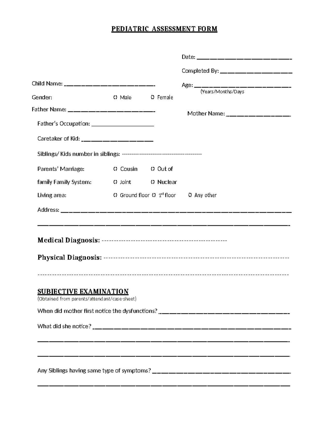 Pediatric assessment form -S23 - PEDIATRIC ASSESSMENT FORM Date ...
