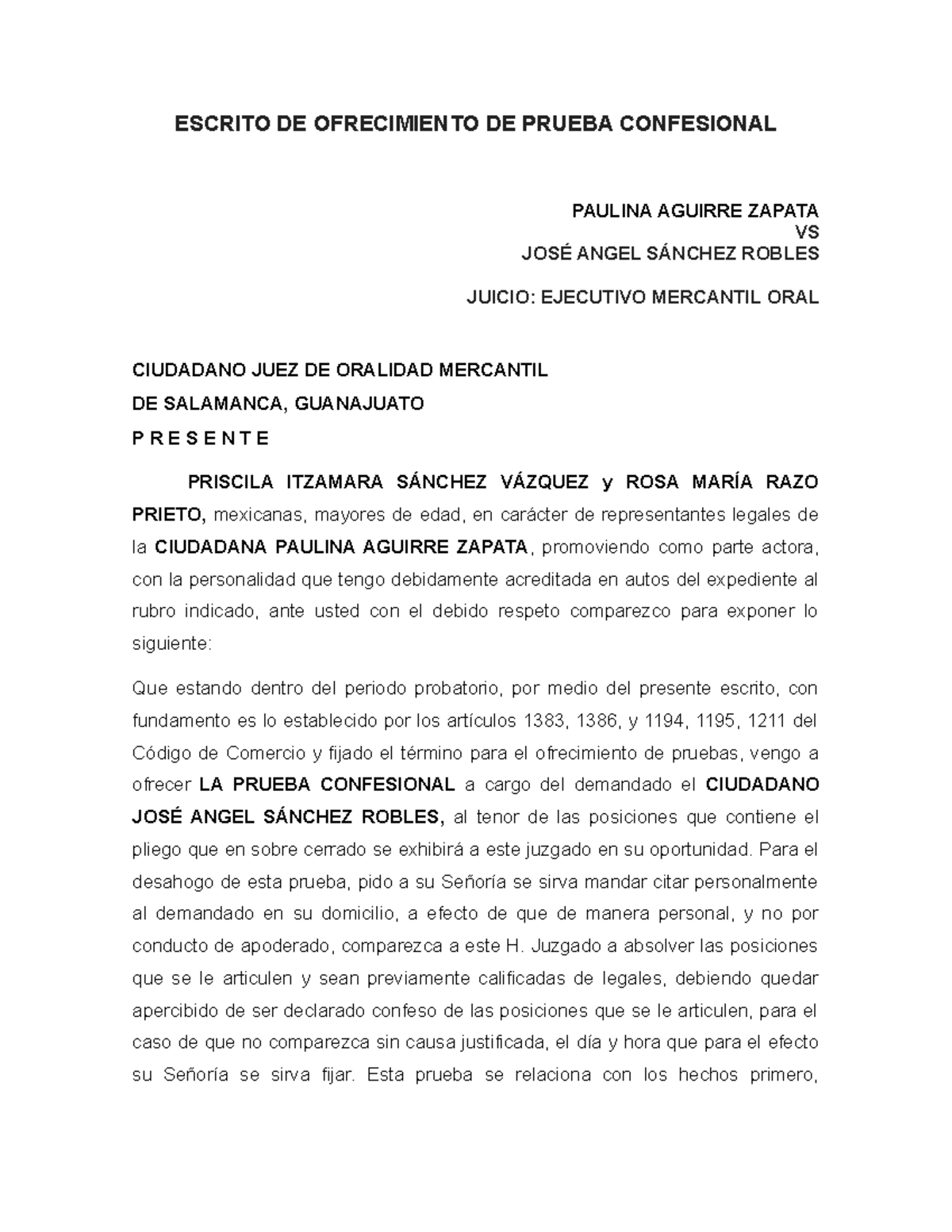 Escrito de Ofrecimiento de Prueba Confesional - Juicio Ejecutivo ...