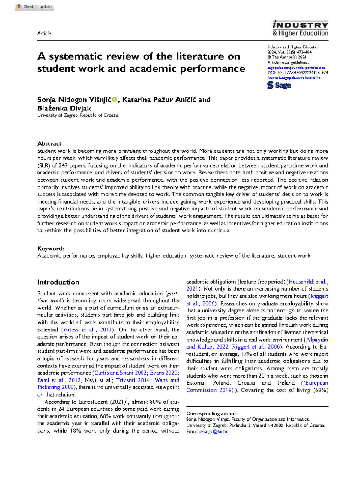 Systematic Review: Student Work & Academic Performance Findings (IHE ...