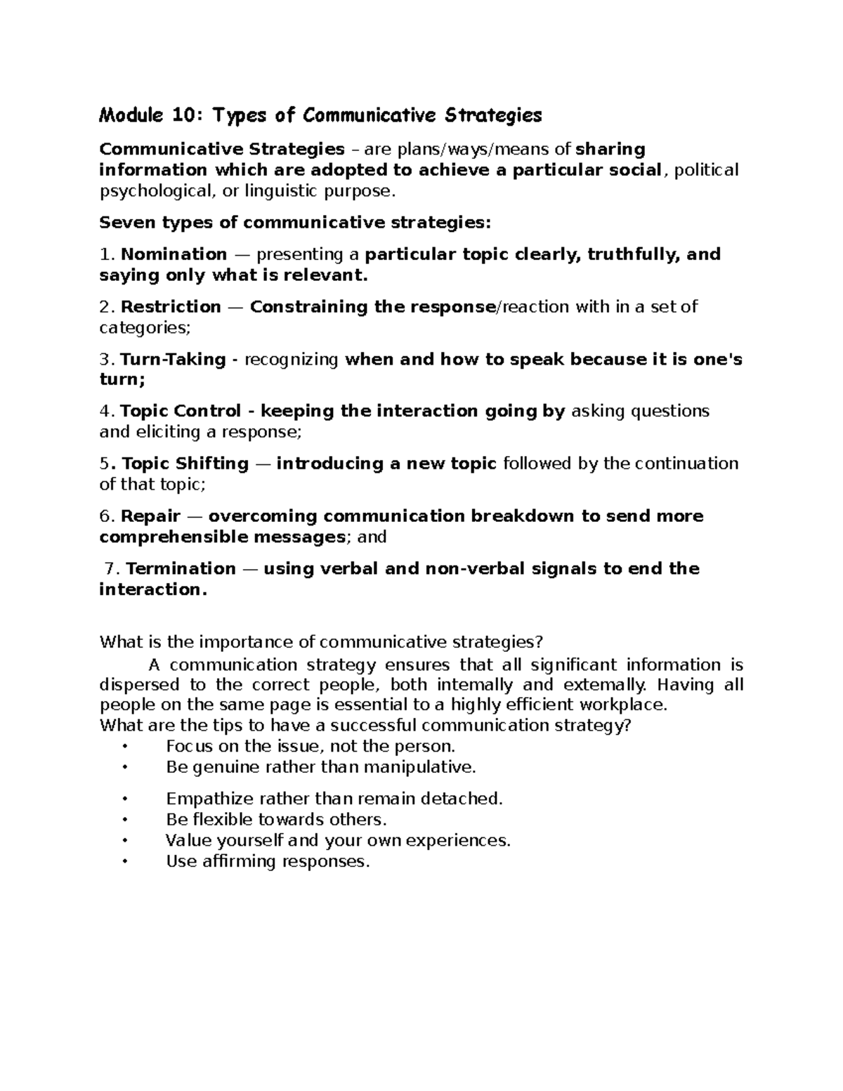 COR001 Reviewer - Module 10: Types of Communicative Strategies ...