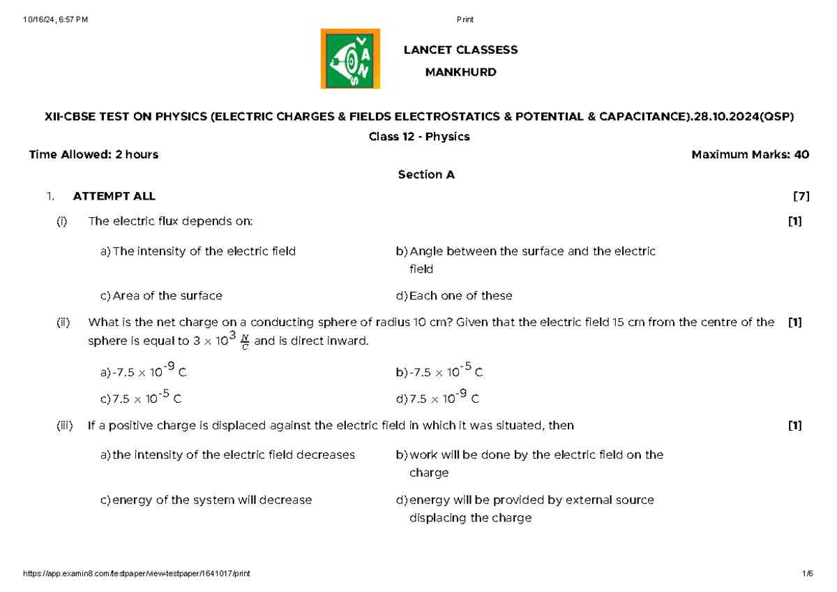 XII-CBSE TEST ON Physics ( Electric Charges & Fields Electrostatics ...