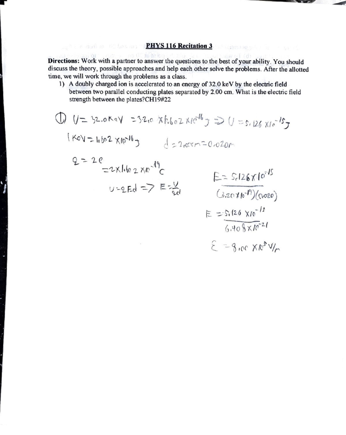 PHYS 116 Recitation 3: Problem Solving Directions and Questions - Studocu