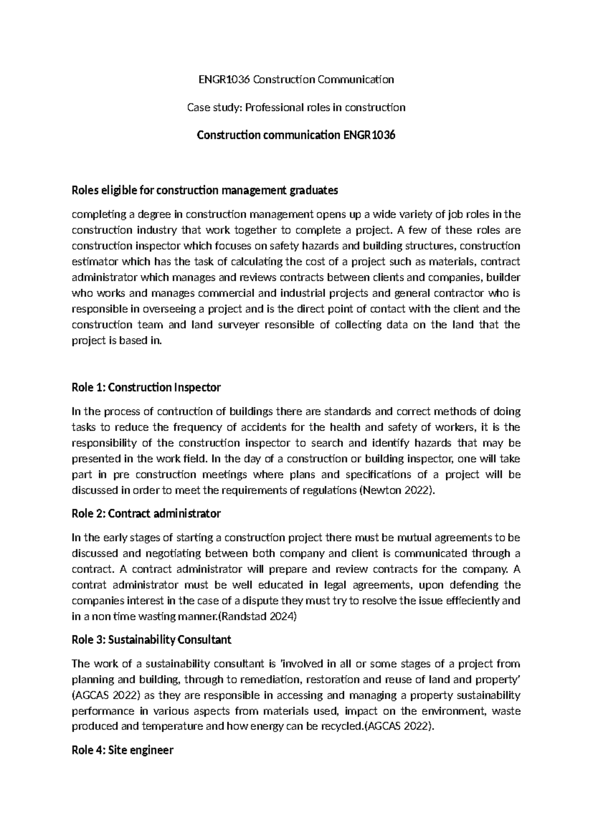ENGR1036 Construction Communication Case Study: Roles in Management ...