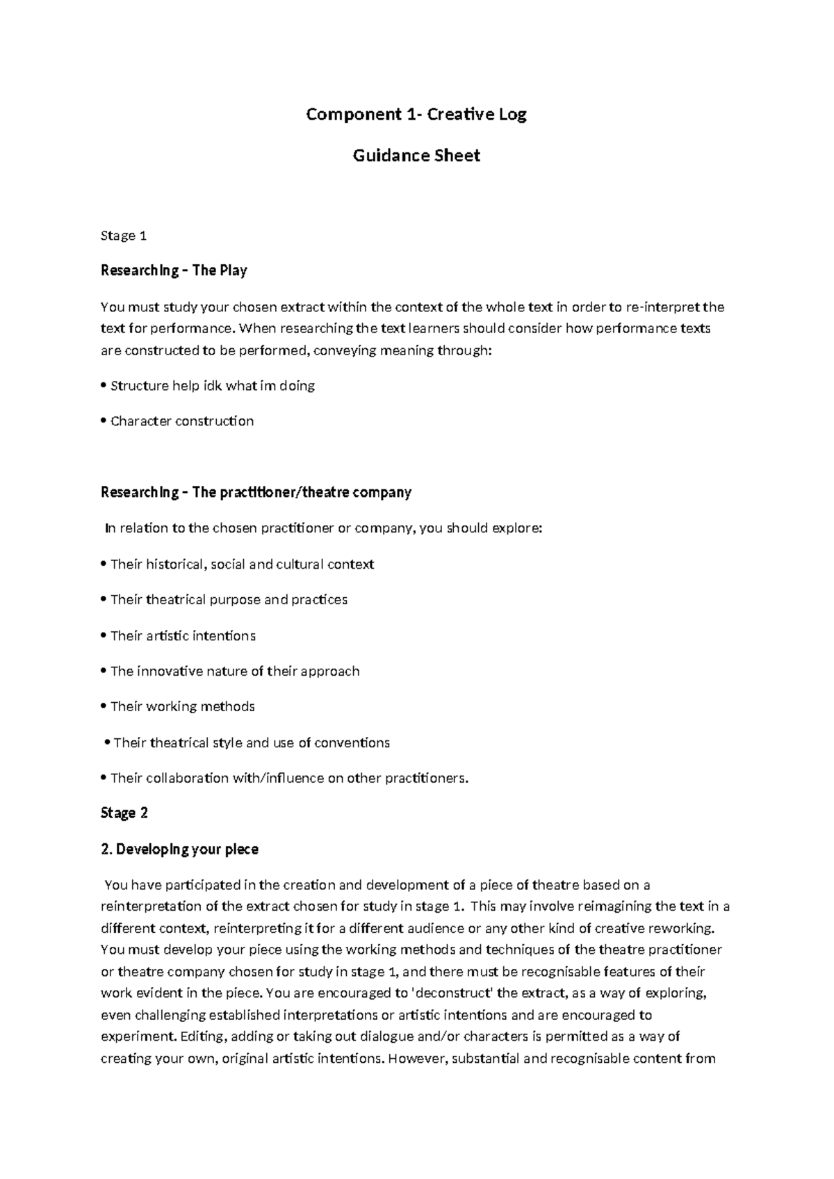 Comp 1 Creative Log Guidance for Theatre Interpretation - Studocu