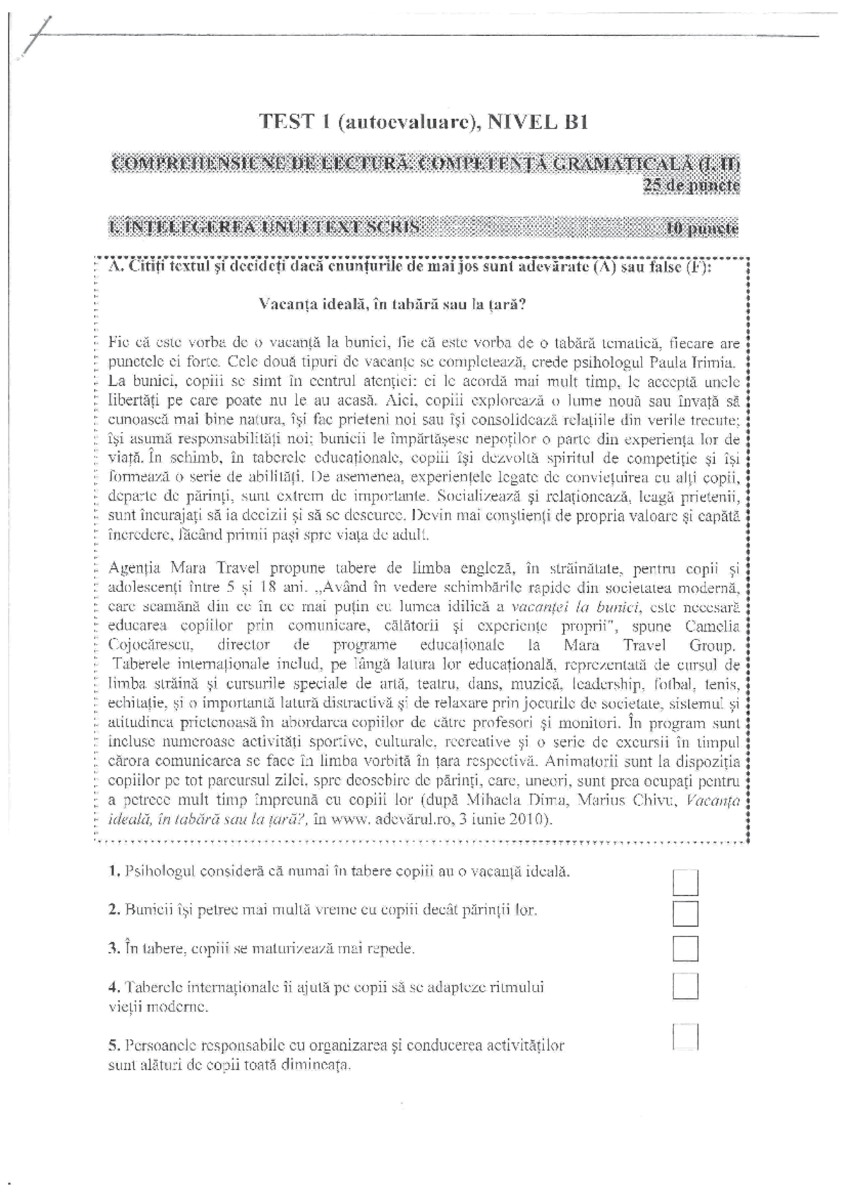 Nivel B1 Test 2 - Evaluare Autoevaluare și Activități de Învățare - Studocu
