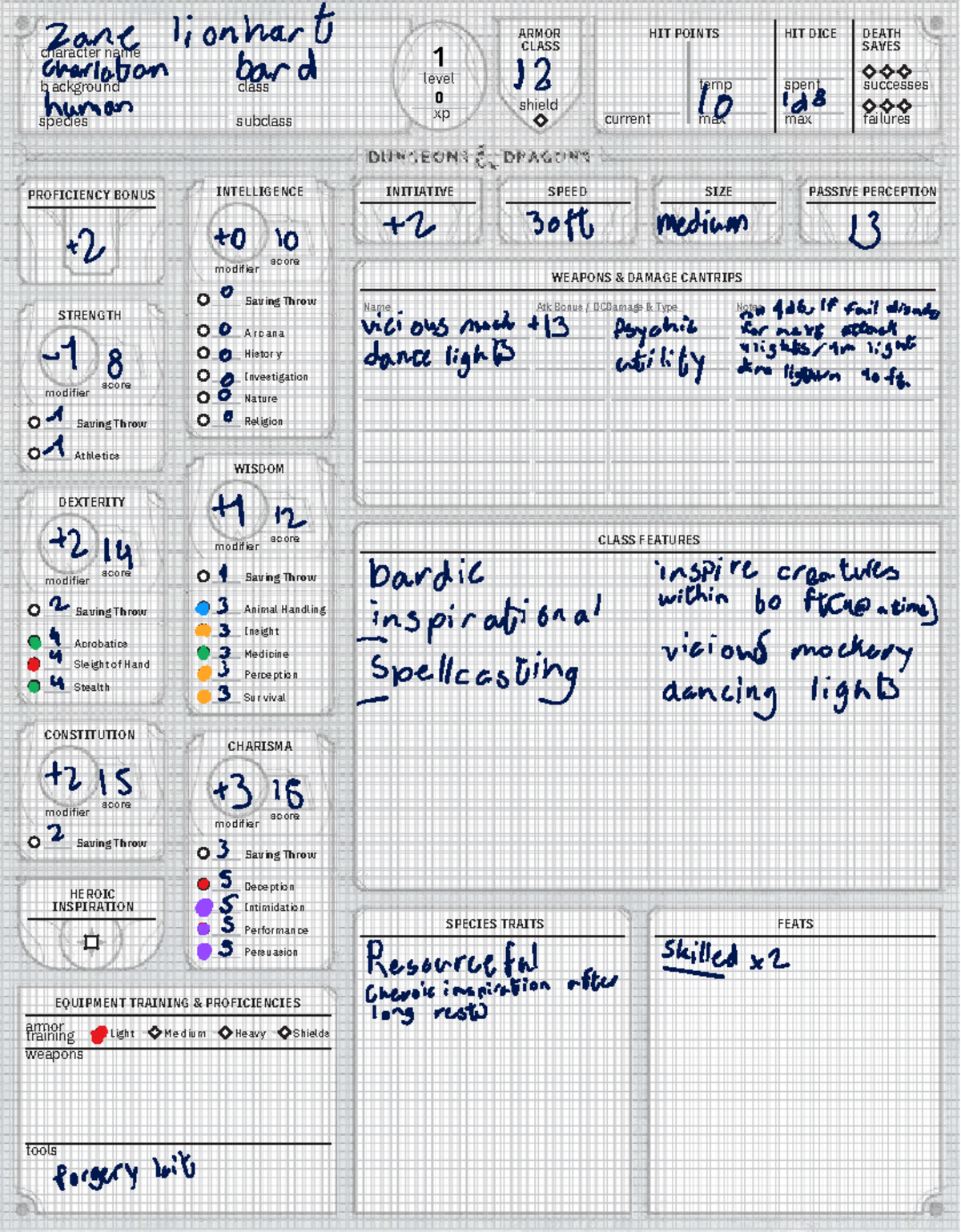 DND Character Sheet: Bard Zane - Class & Species Details - Studeersnel