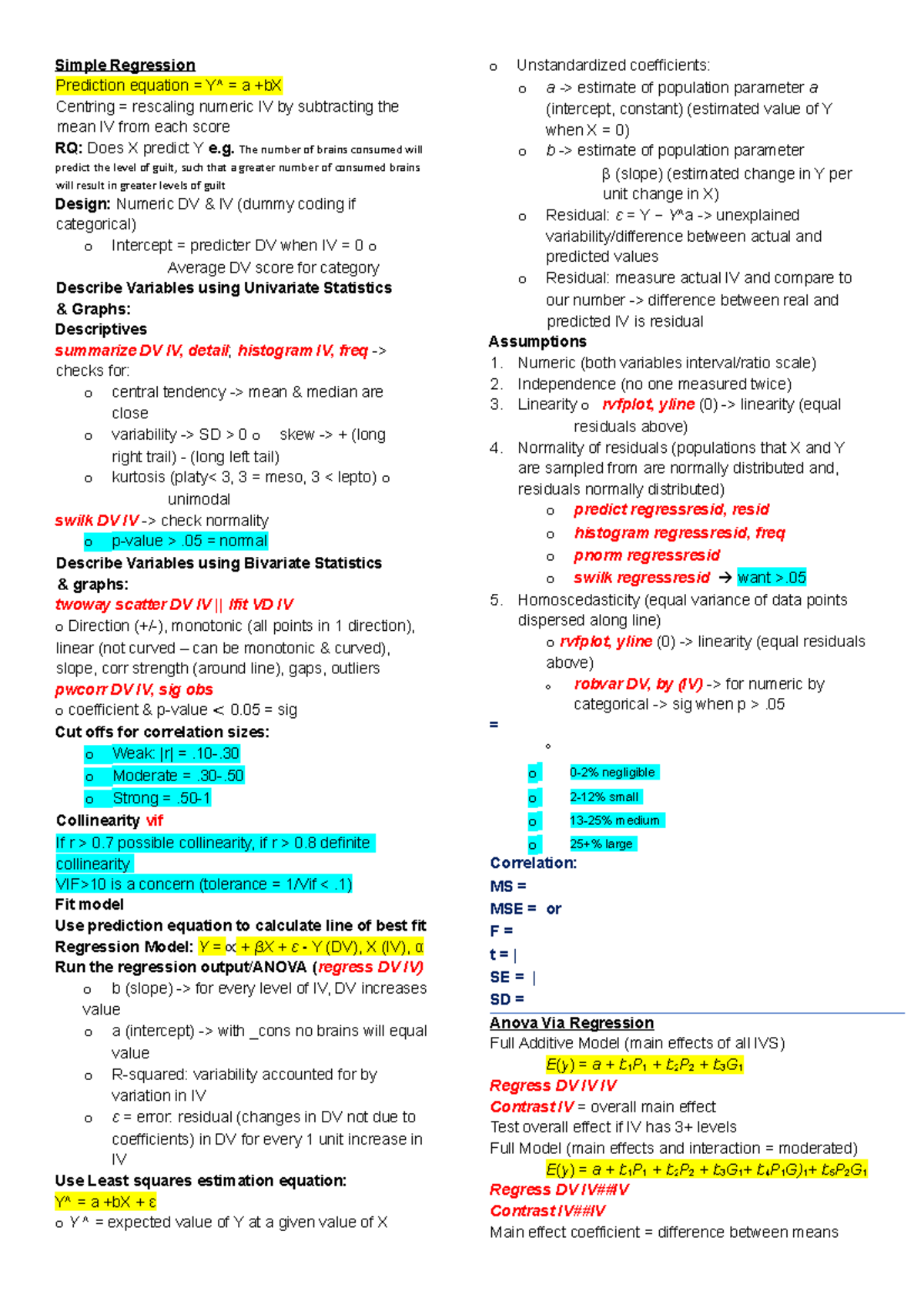 REG 101: Simple Regression Analysis Help Sheet for Predictions - Studocu