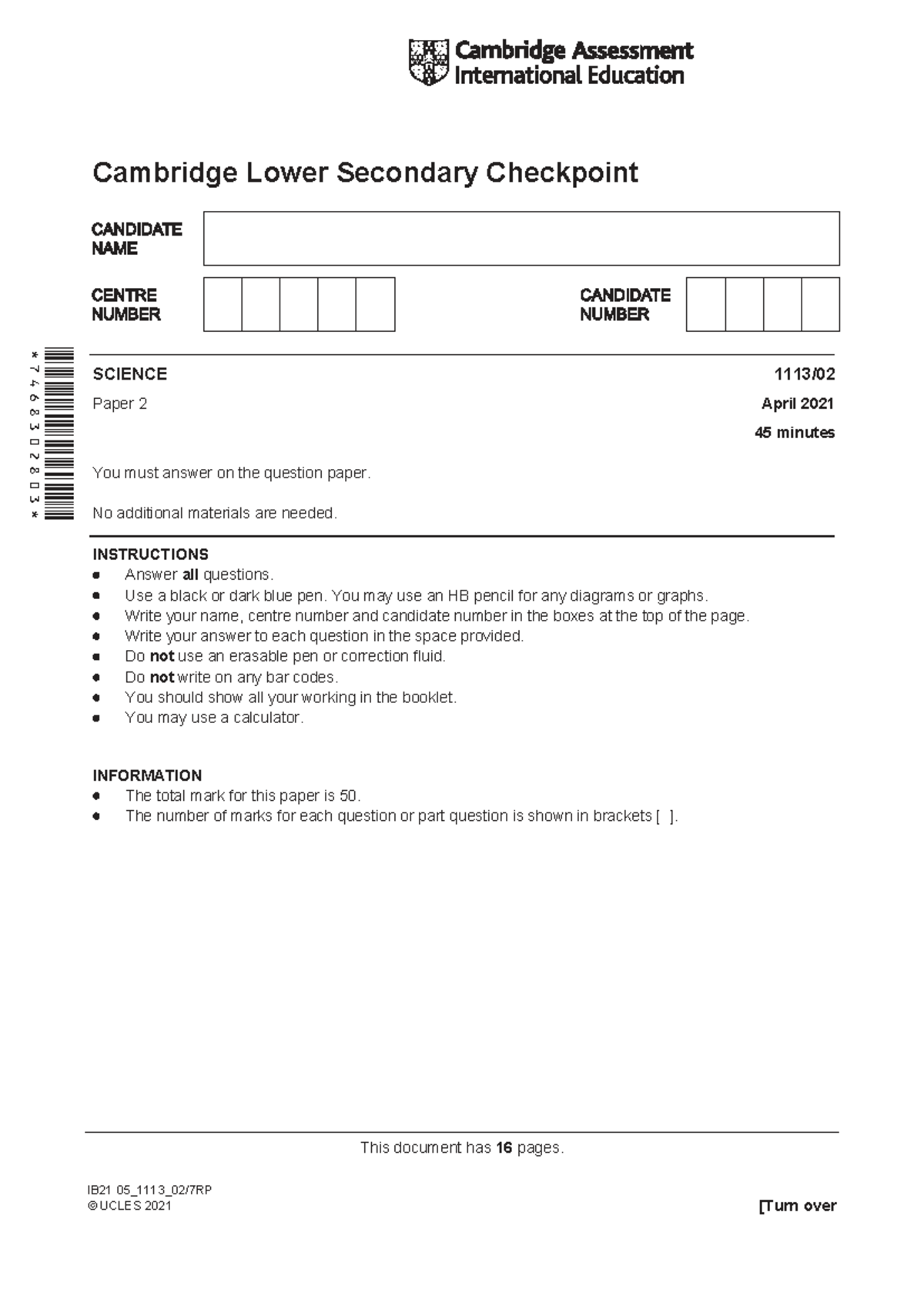 Cambridge Lower Secondary Checkpoint SCIENCE Paper 2 Past Paper April ...