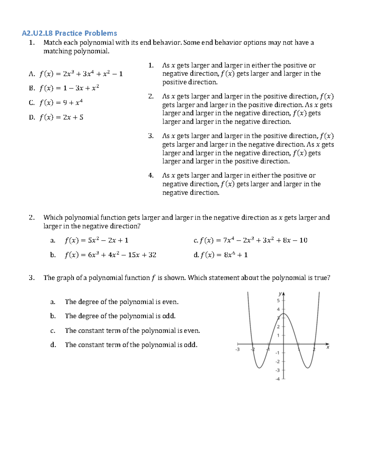 A2.U2.L8 Practice Problems: Polynomial End Behavior Matching - Studocu
