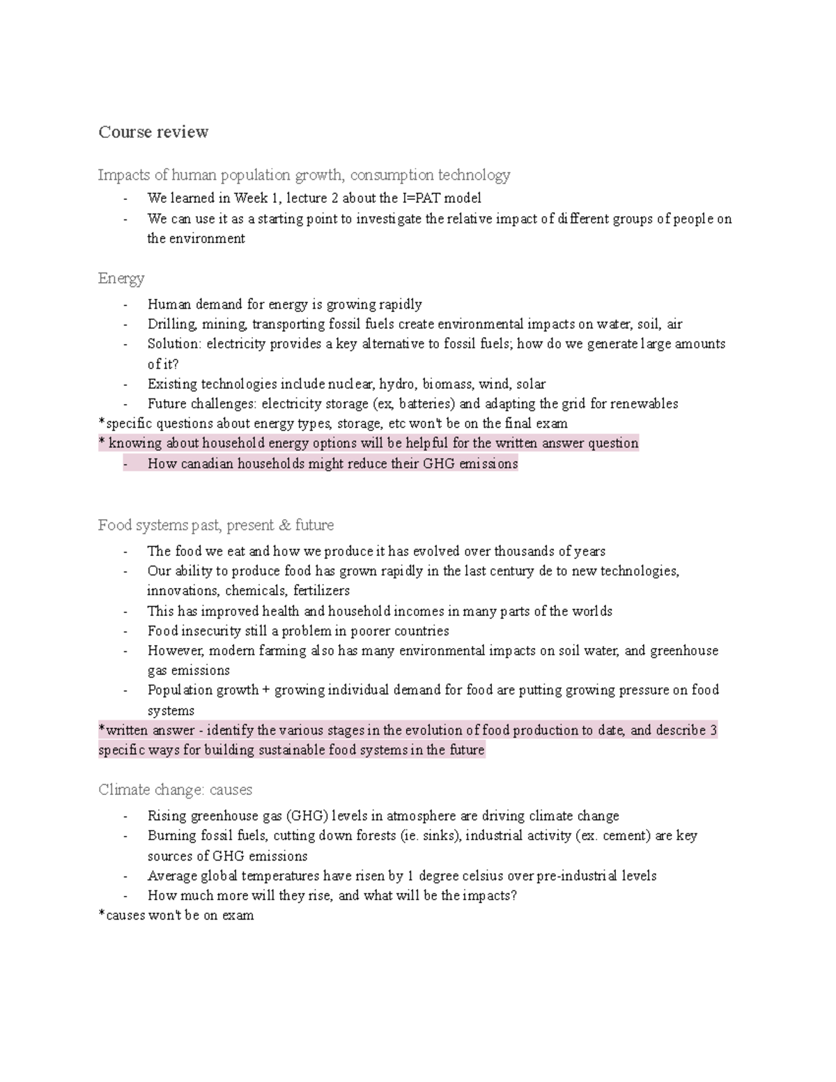 Es110 exam review - Course review Impacts of human population growth ...