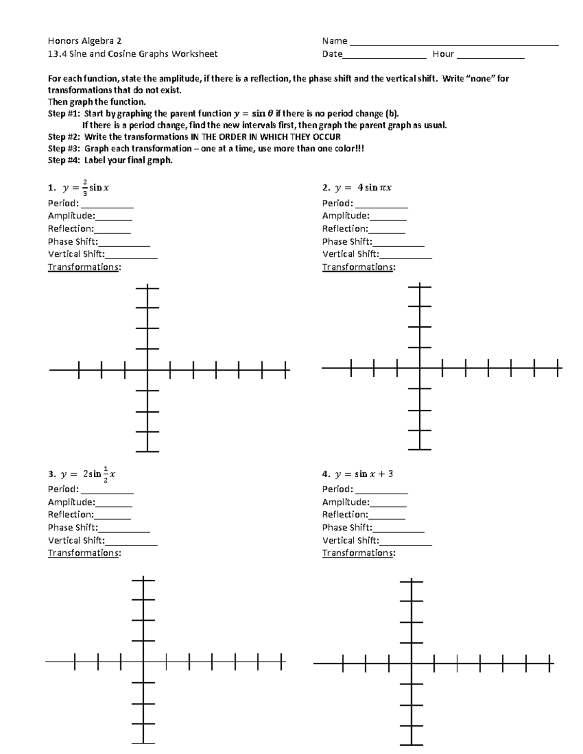 Graphs of Sine and Cosine Transformations Worksheet (Honors Algebra 2 ...
