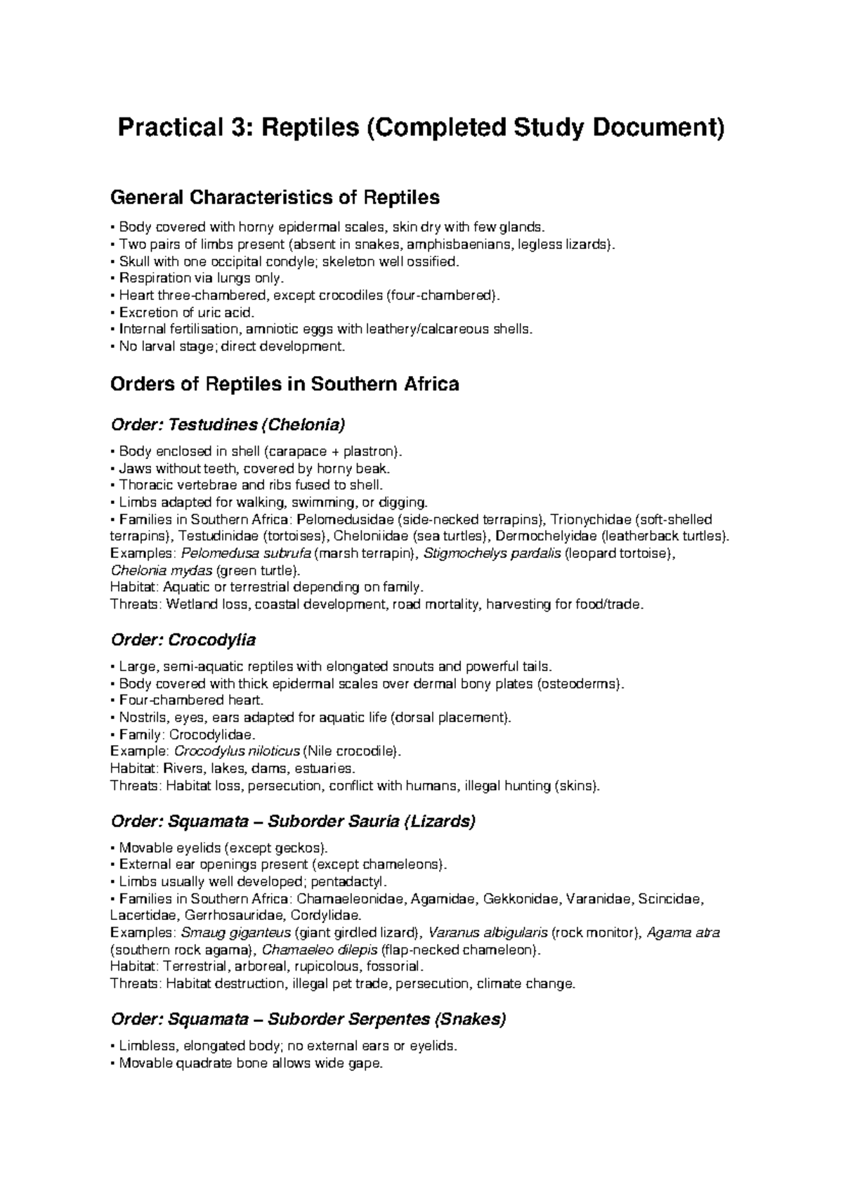 Practical 3: Reptiles - Completed Study Guide and Questions - Studocu