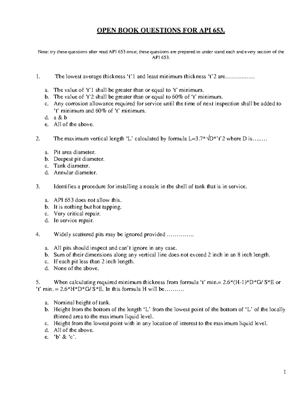 API 653 Open Book Questions: Comprehensive Review Guide - Studocu