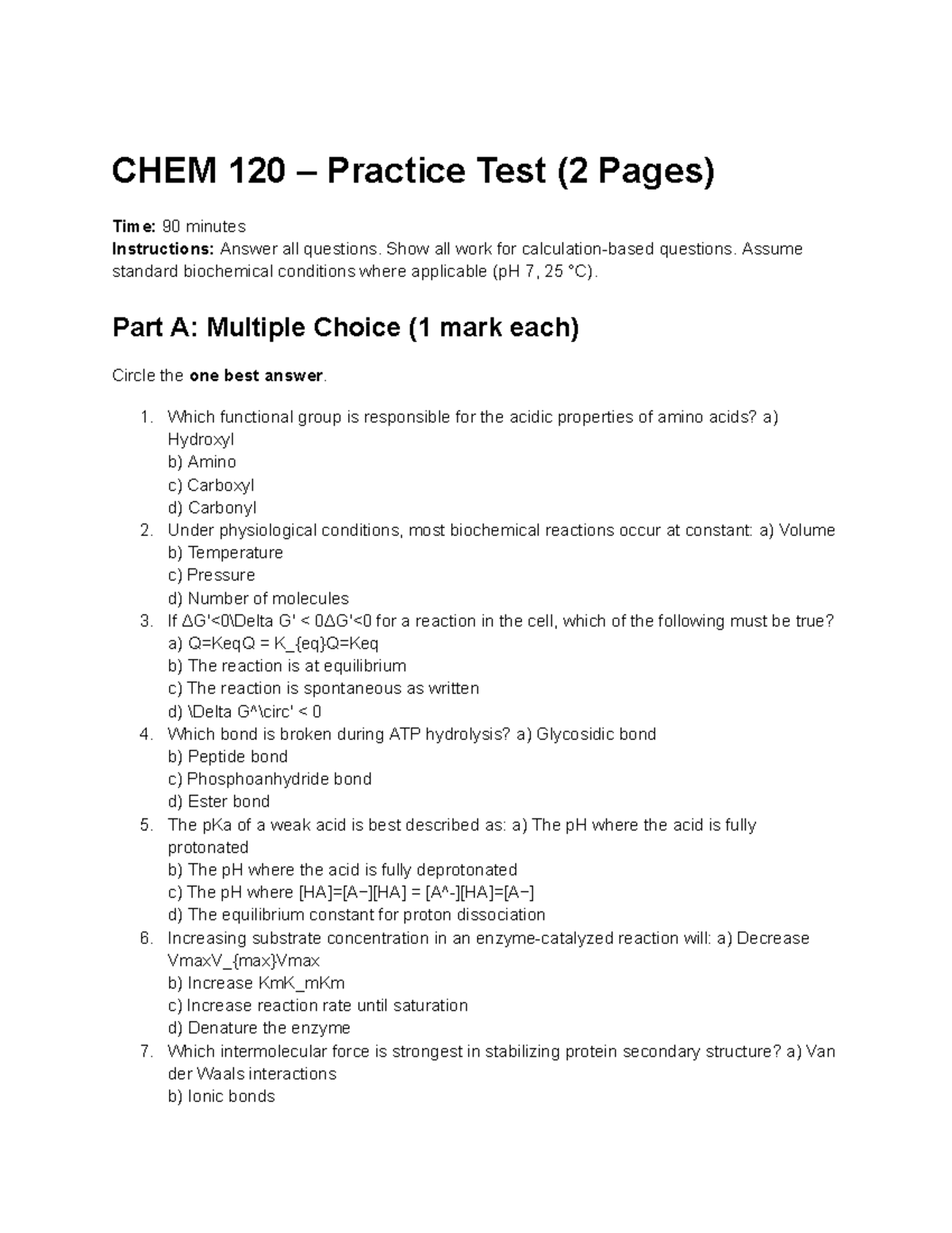 CHEM 120 – Biochemical Practice Test Overview and Questions - Studocu