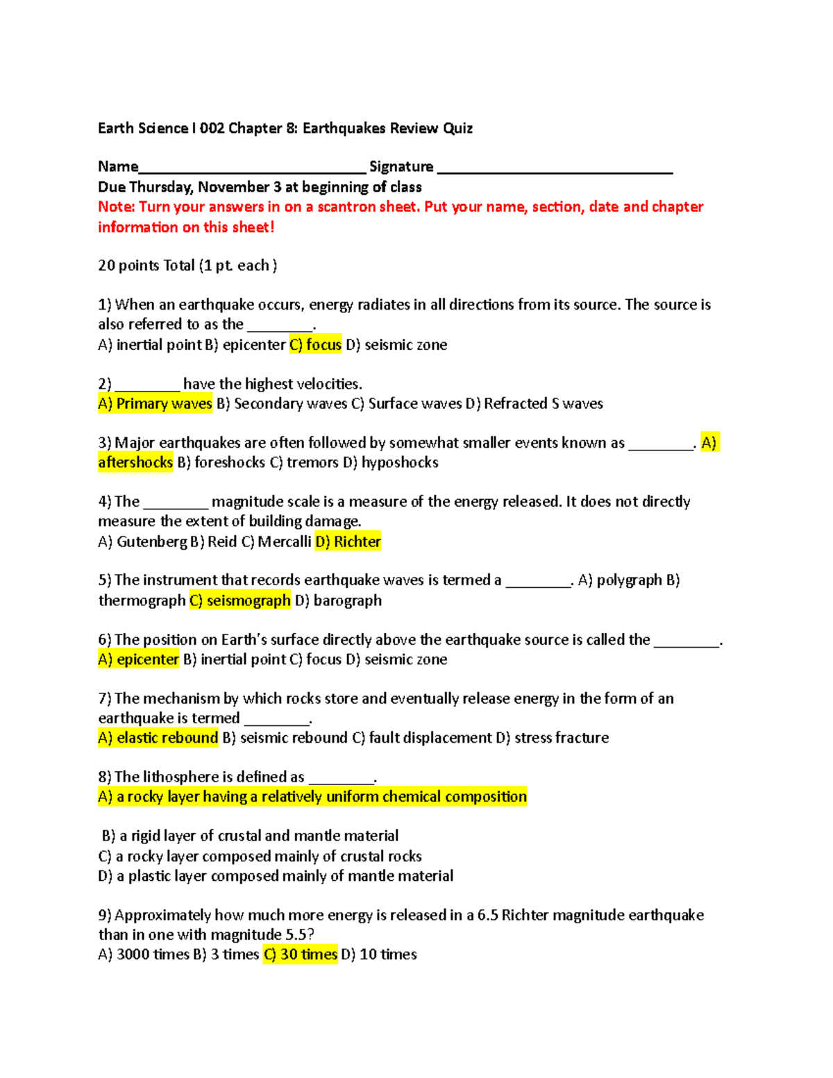ES 002 Ch 8 Quiz - Earthquakes Review Quiz with Answers - Studocu