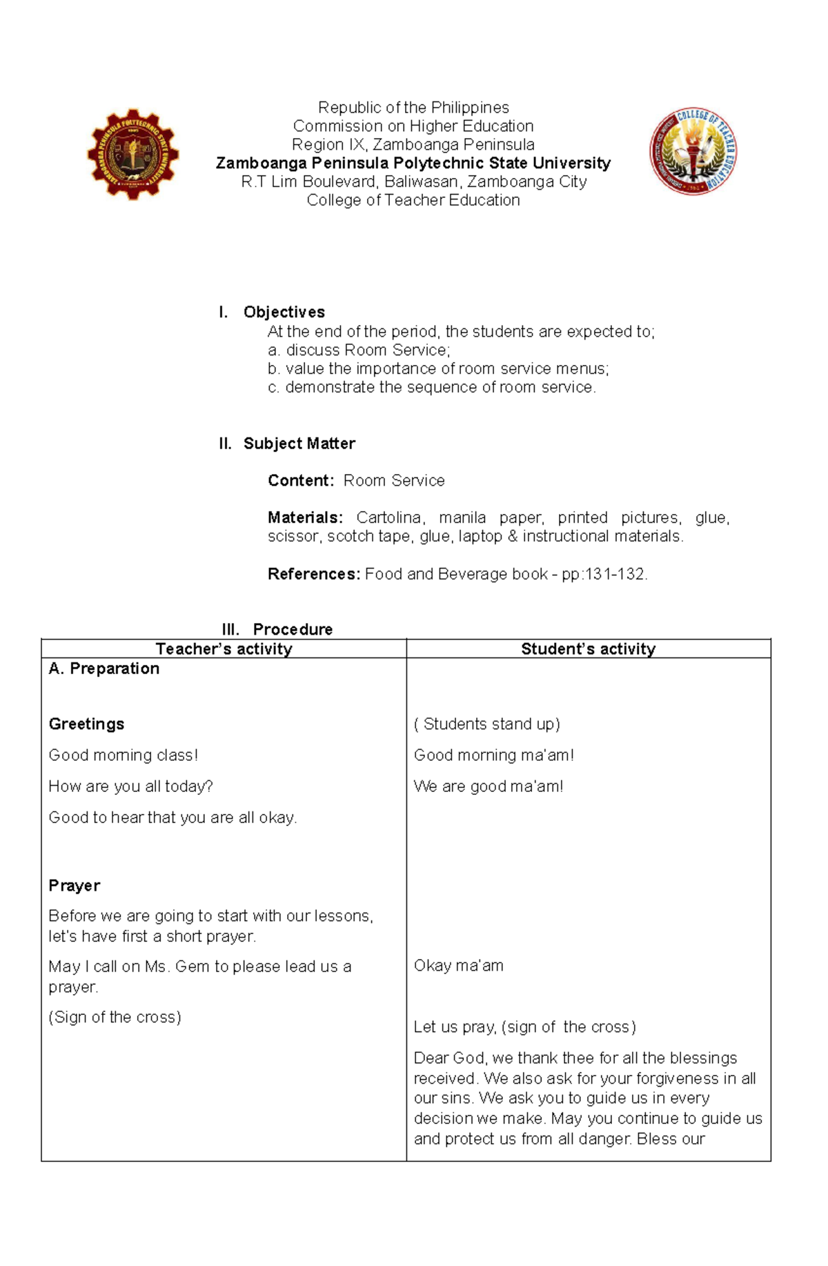DLP (Room Service) - Comprehensive Lesson Plan on Room Service ...