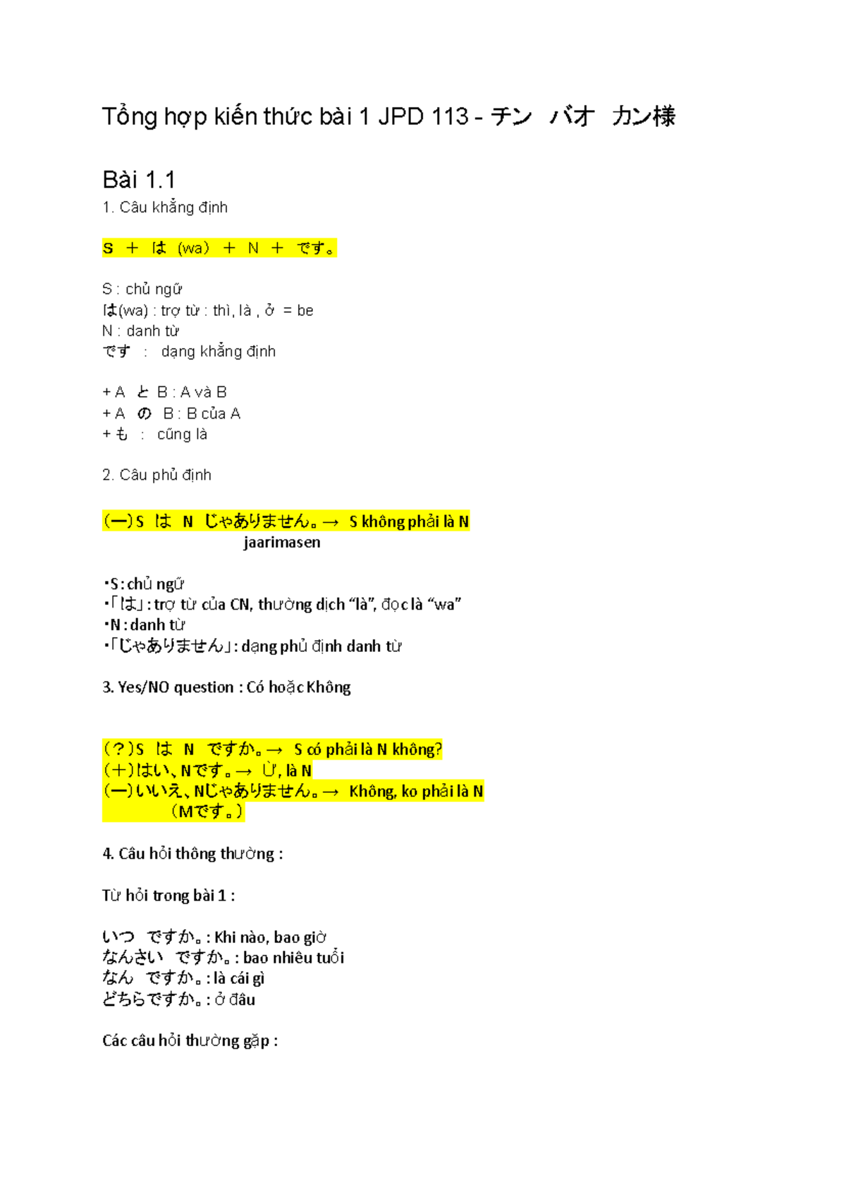 Tổng hợp kiến thức bài 1 cho JPD113 - Tiếng Nhật cơ bản - Studocu