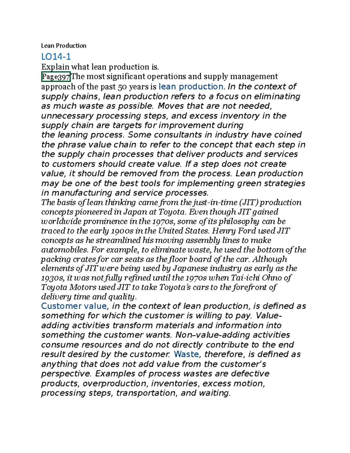 notes Finance 1133 - Lean Production LO14- Explain what lean production ...