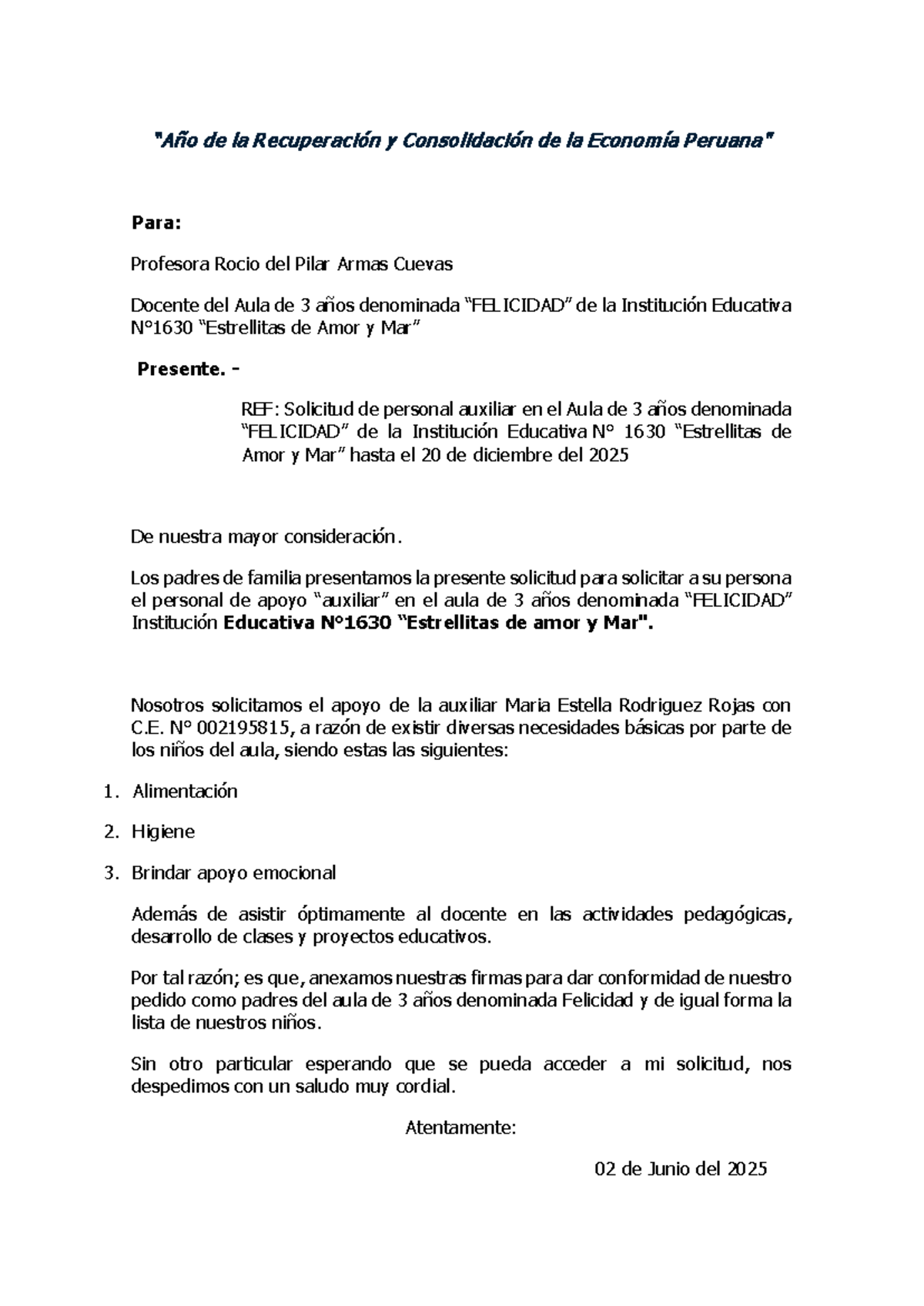 Solicitud de Personal Auxiliar para Aula de 3 Años - IE 1630 - Studocu