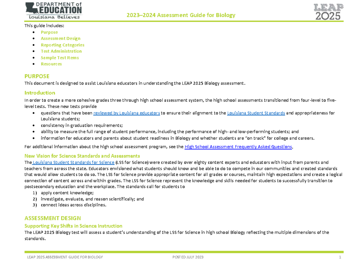 LEAP 2025 Biology Assessment Guide for Louisiana Educators - Studocu