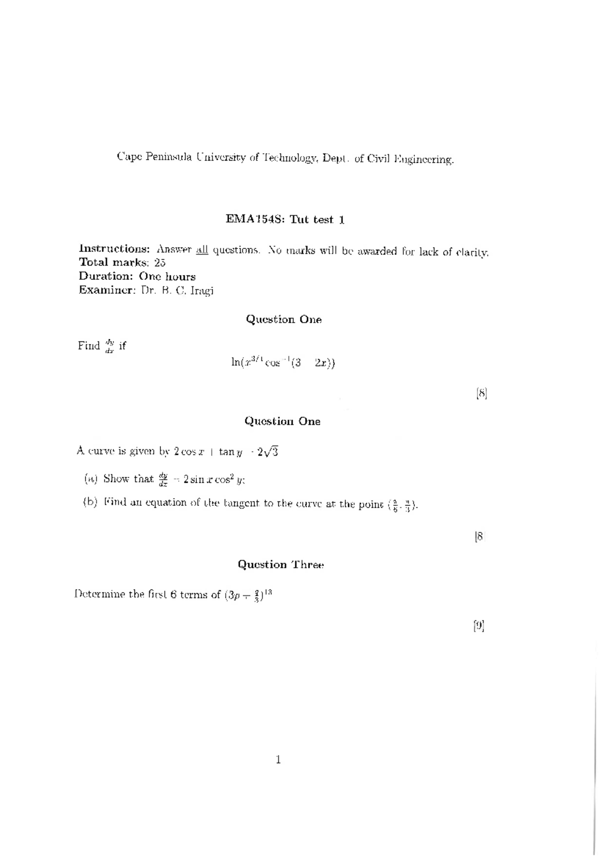 EMA154S: Tut Test 1 and Memo - Civil Engineering - Studocu