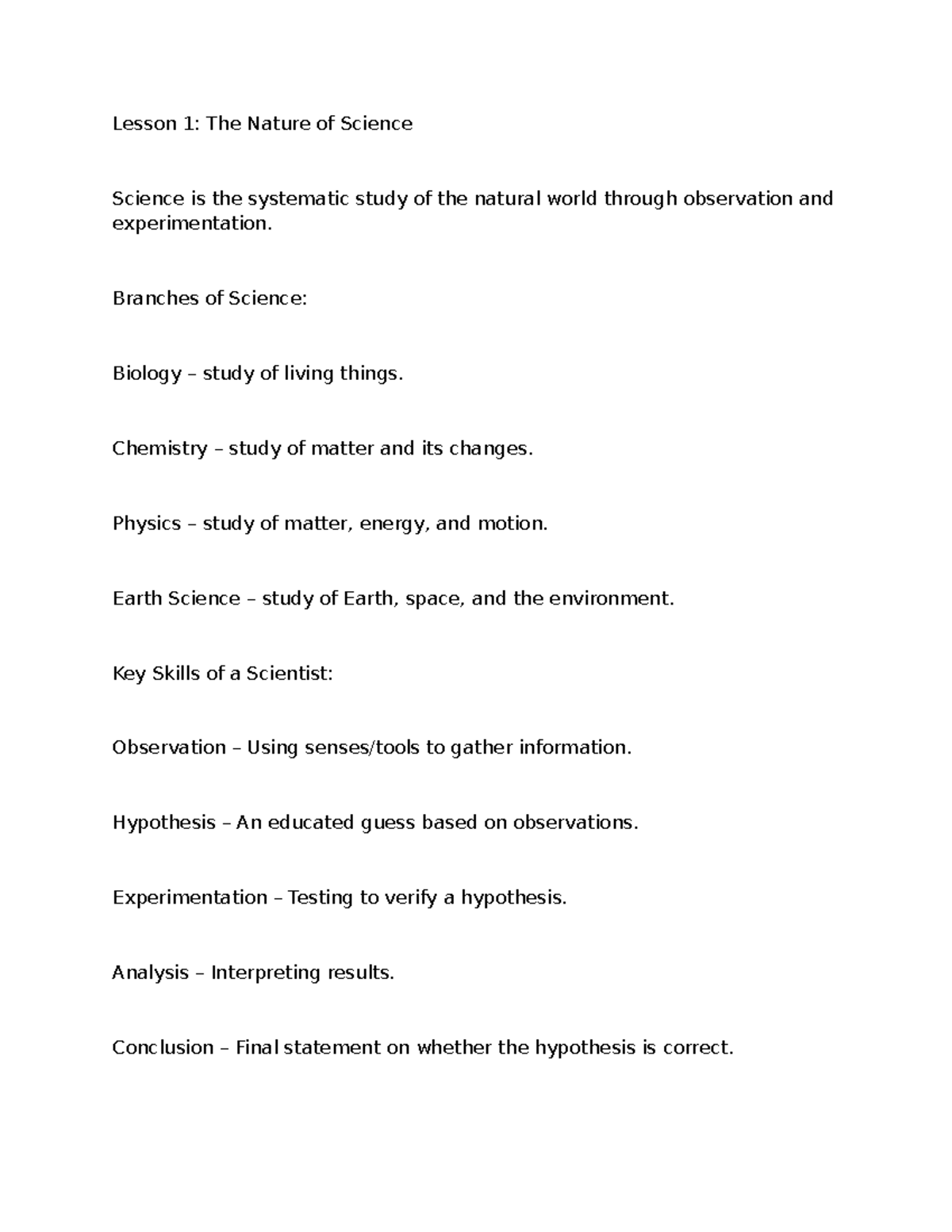 Lesson 1-6: The Nature of Science & Key Concepts (SCI 101) - Studocu