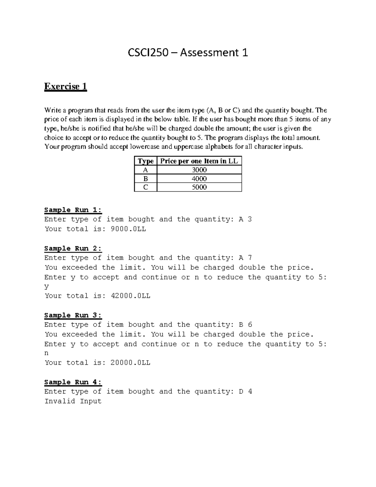 CSCI250 - Assessment 1: Programming Exercises on Item Pricing and ...