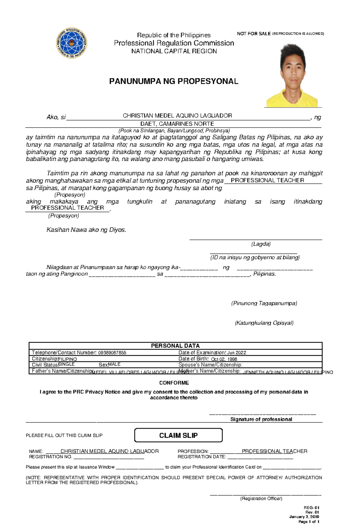 PRC Registration and Oath Form - Professional Teacher (REG-01) - Studocu