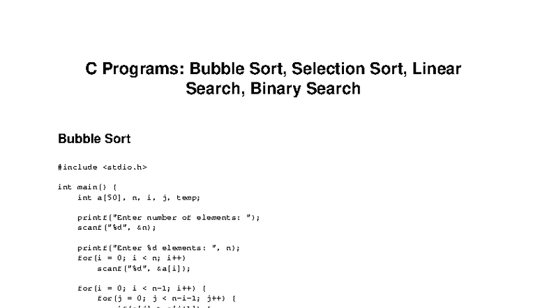 C Programming: Sorting & Searching Algorithms (Bubble, Selection, Linear, - Studocu