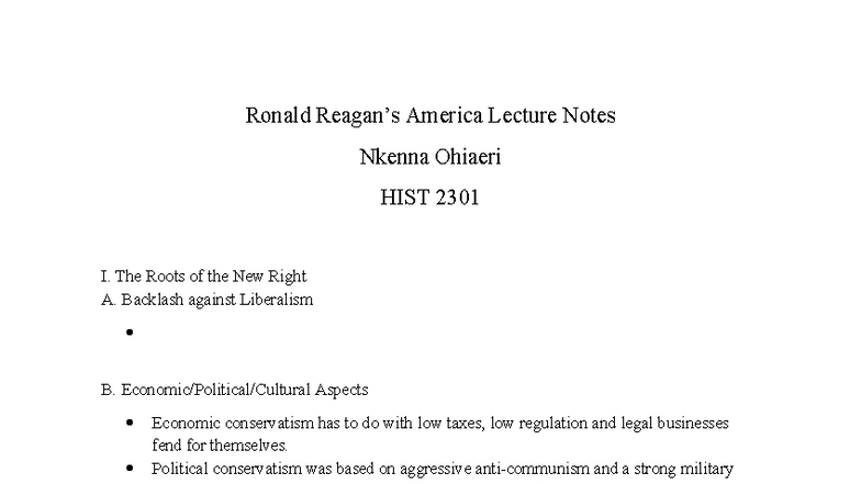Ronald Reagan's America Lecture Notes HIST 2301 - Studocu