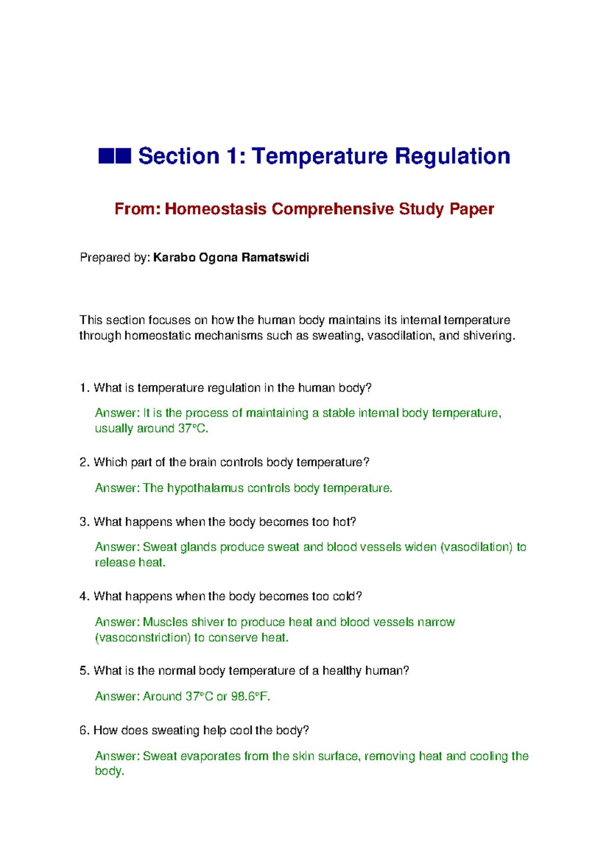 Homeostasis Study: Section 1 - Temperature Regulation Insights - Studocu