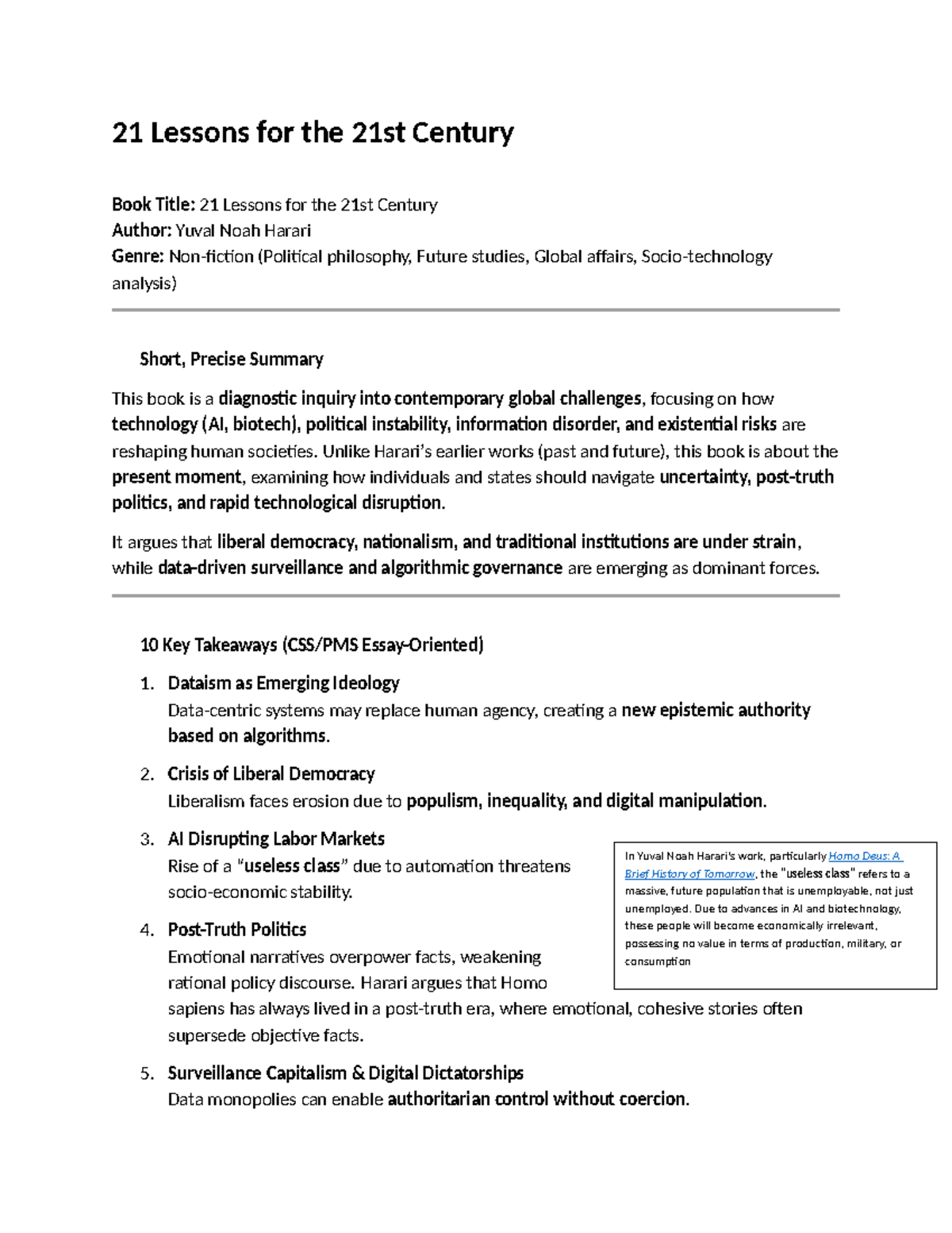 21 Lessons for the 21st Century: Insights on Global Challenges - Studocu