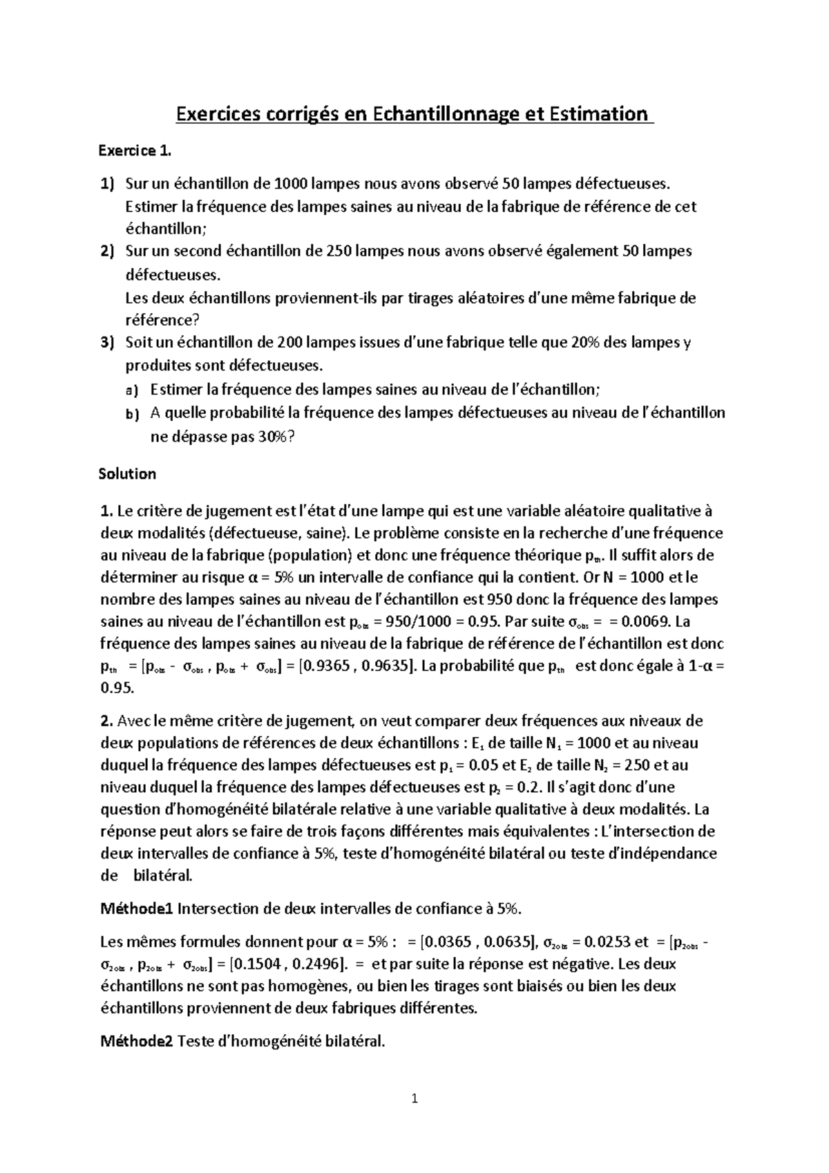 Echantillonnage et Estimation S3 : Exercices Corrigés Complets - Studocu