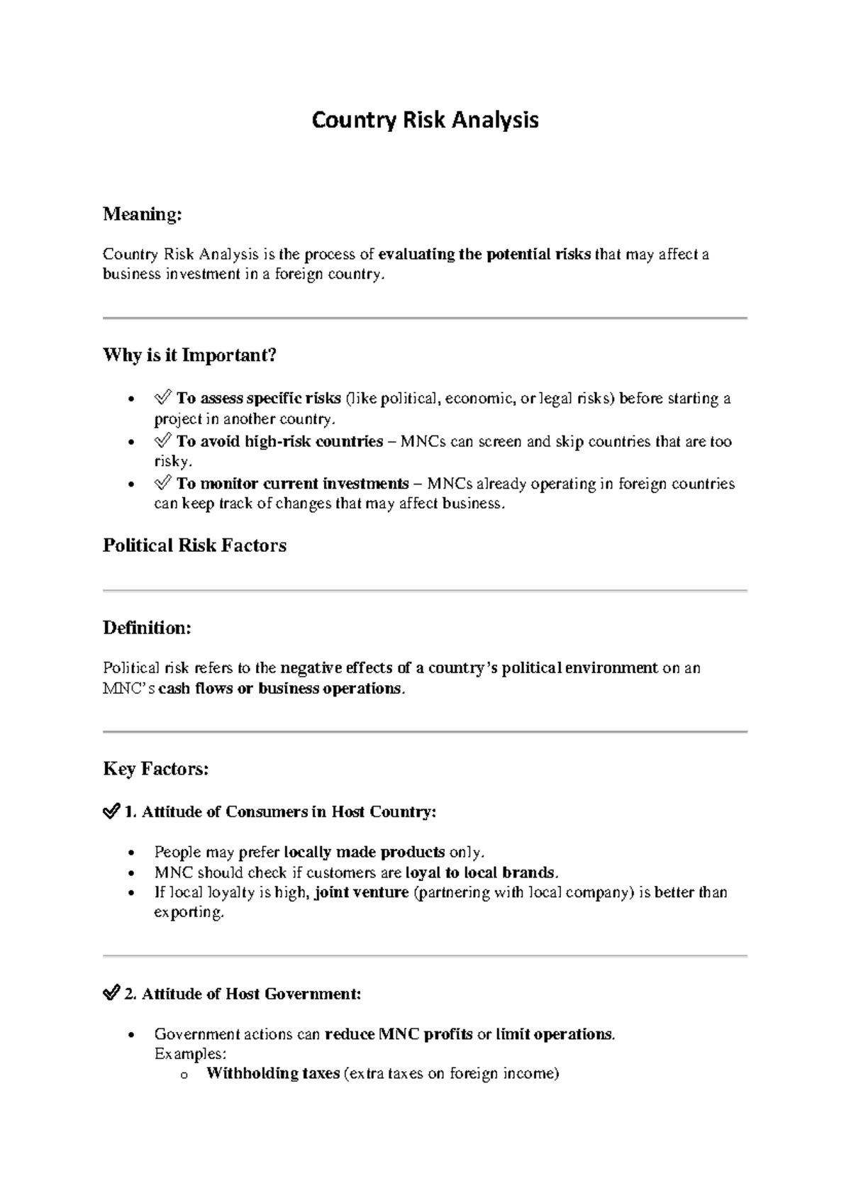 Country Risk Analysis: Evaluating Financial and Political Factors - Studocu