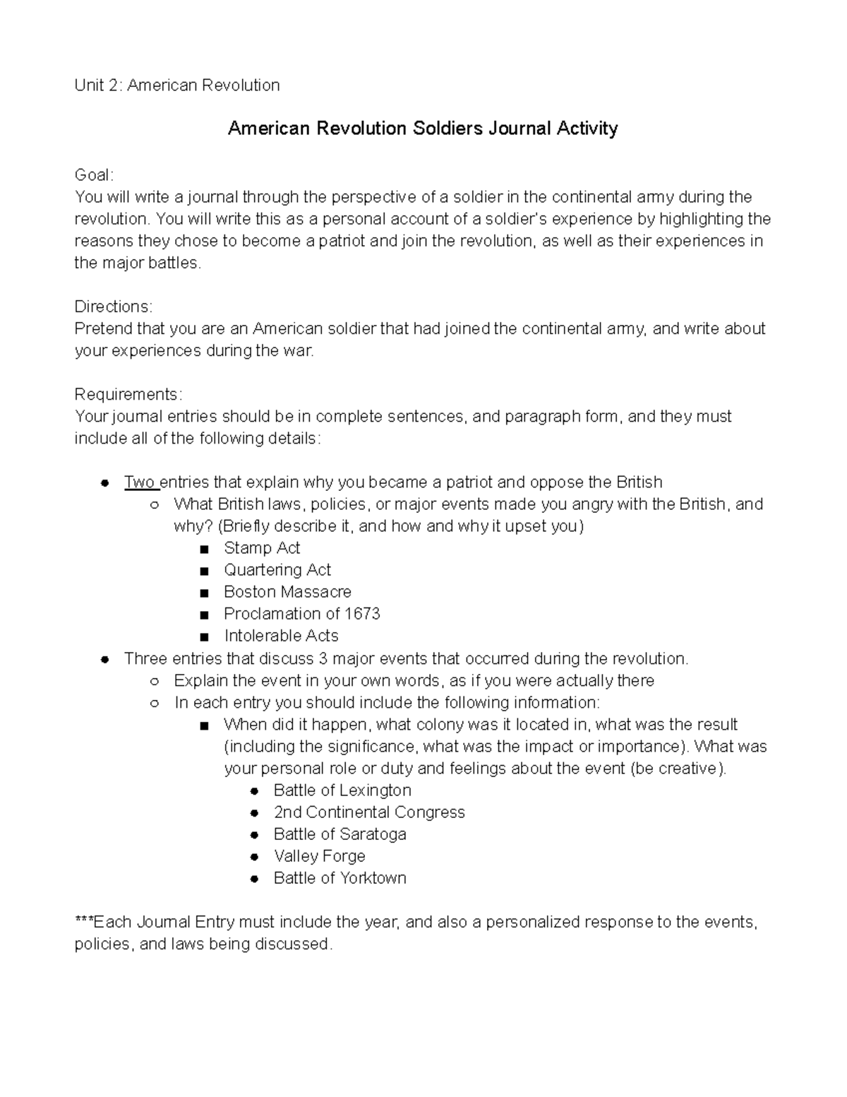 American Revolution Soldiers Journal Activity - Unit 2 Assignment - Studocu
