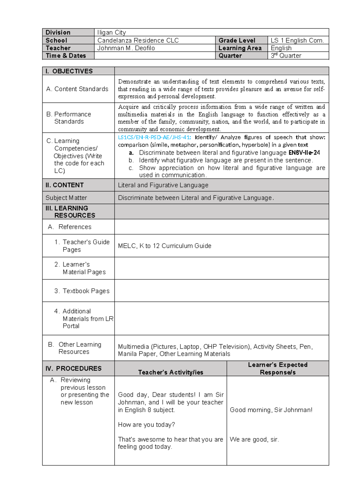 Detailed Lesson Plan on Figurative & Literal Language (LS1 Eng Com ...
