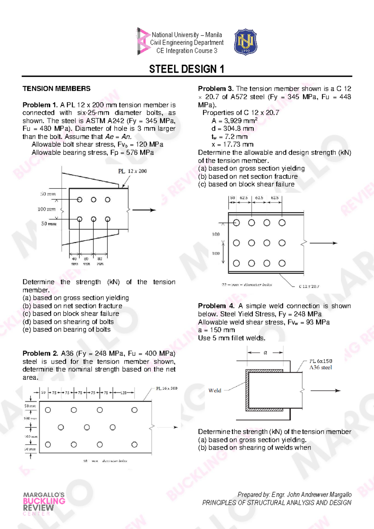 CEI-3 7. Steel Design 1: Tension Members Problem Set - Studocu