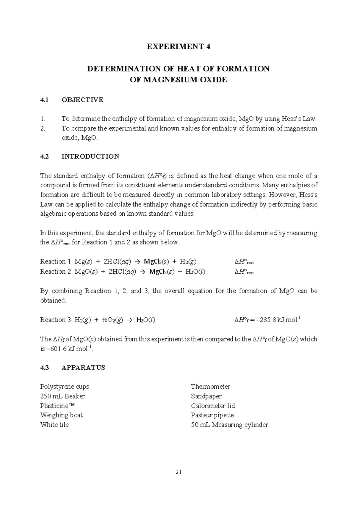 Heat of Formation Experiment for MgO: Student Version - Experiment 4 ...