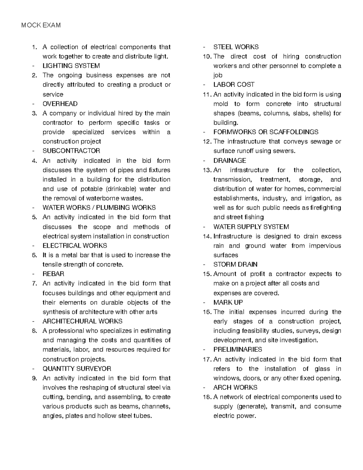 Junior Year I Notes: Mock Exam on Electrical & Construction Systems ...