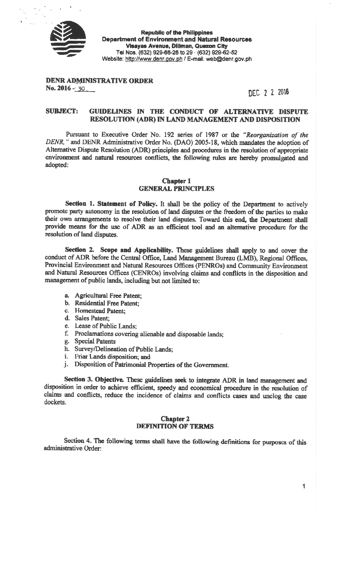 DAO 2016-30 ADR - Overview of DENR Issuances & Implications - Studocu