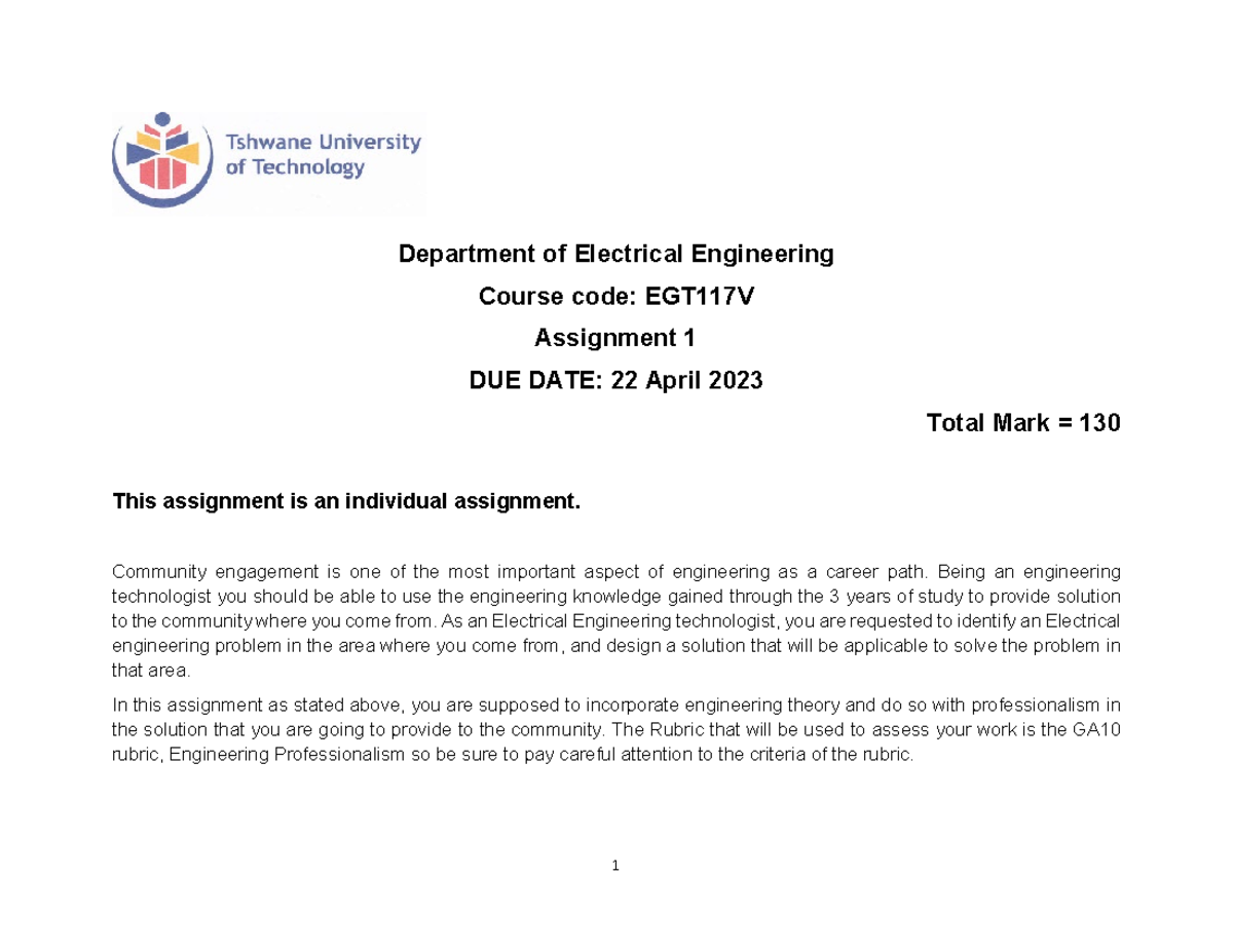 EGT117V - Assignment 1: Community Engagement in Electrical Engineering - Studocu