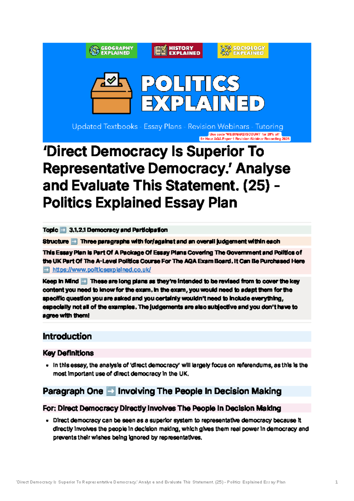 Direct Democracy vs. Representative Democracy: An Analytical Essay Plan ...