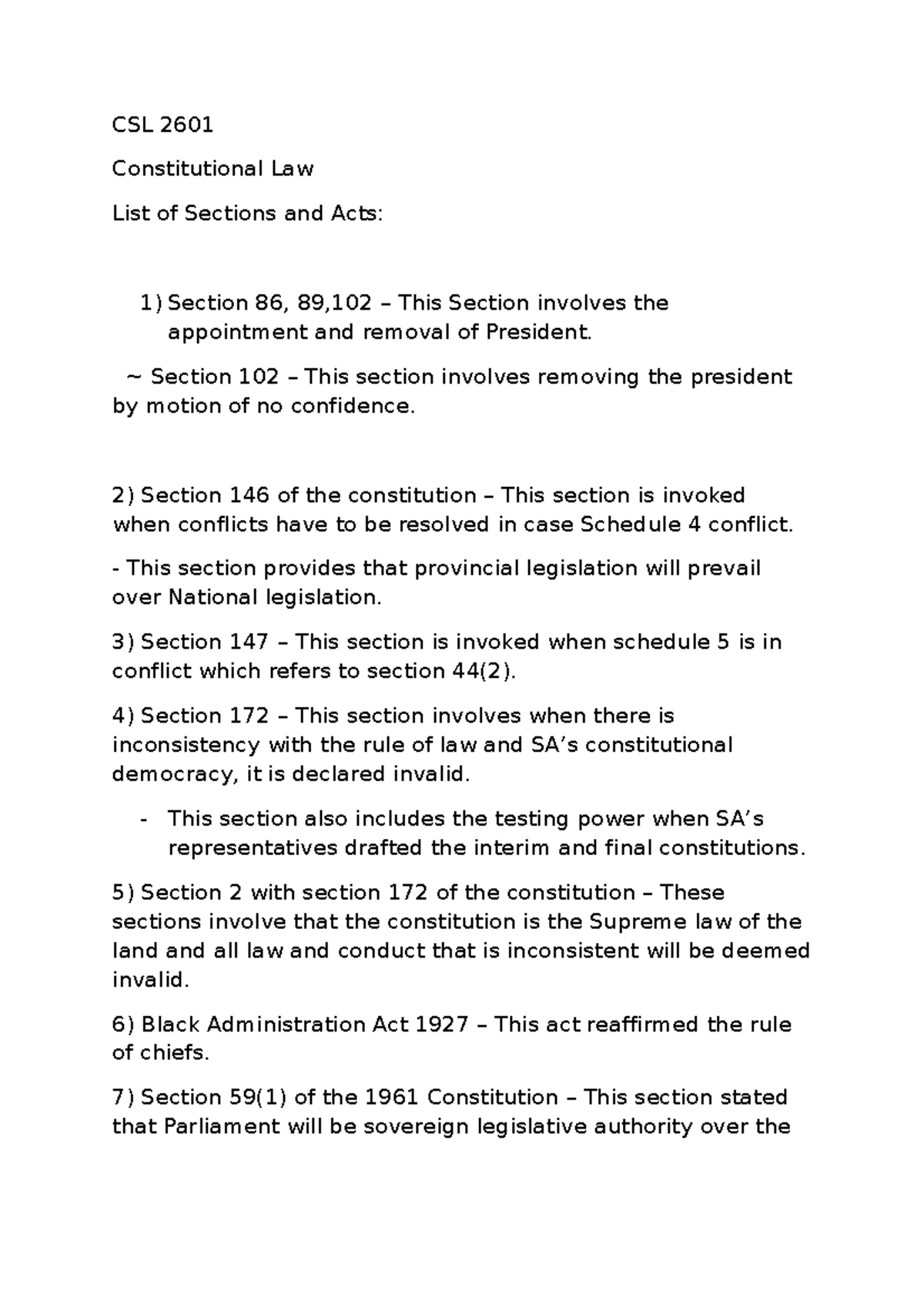 CSL 2601 - Overview of Constitutional Law Sections and Acts - Studocu