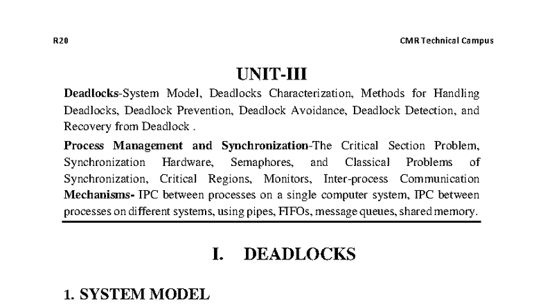 R20 CMR Technical Campus OS Unit 3: Deadlocks & Process Management ...