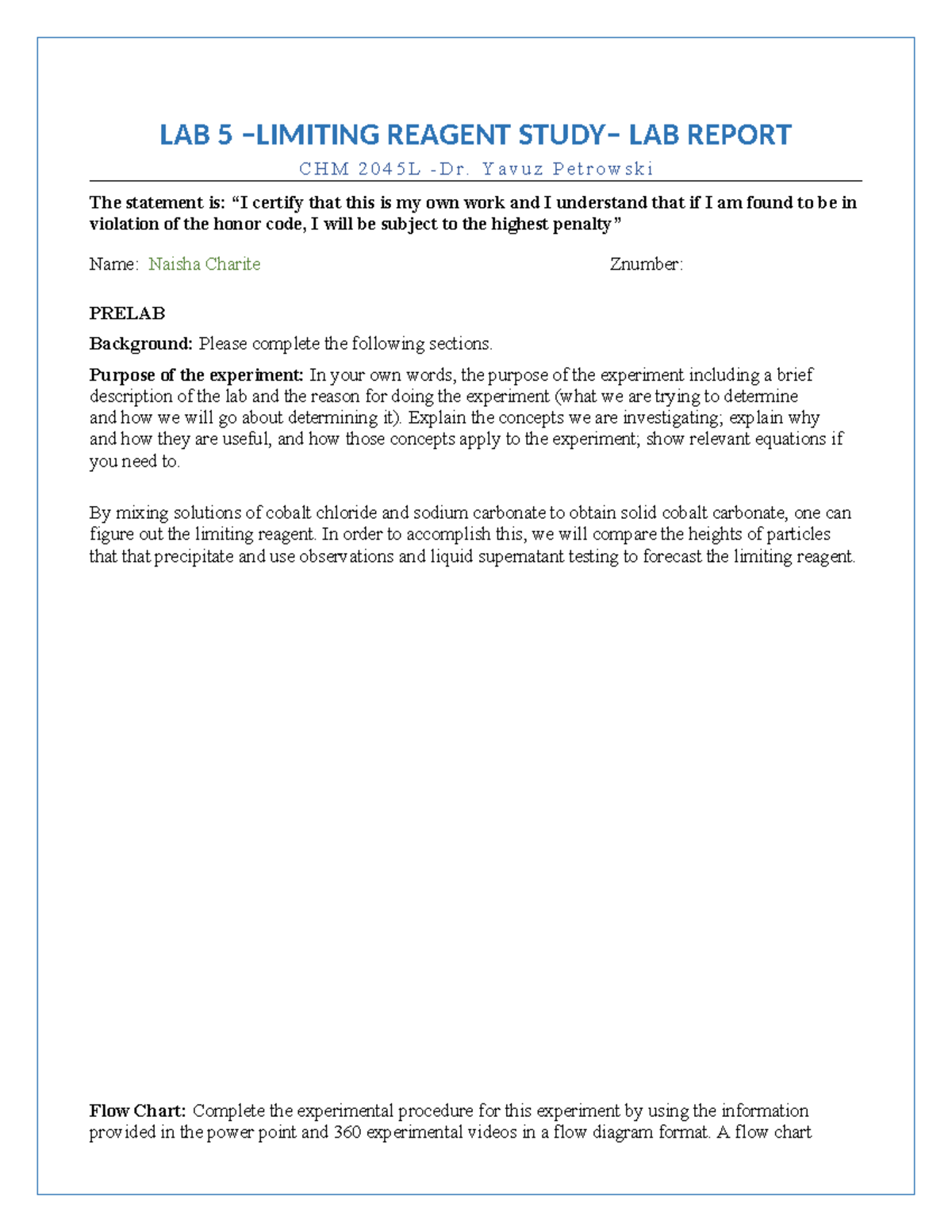 Lab 5: Limiting Reagent Analysis - CHM 2045L Lab Report - Studocu