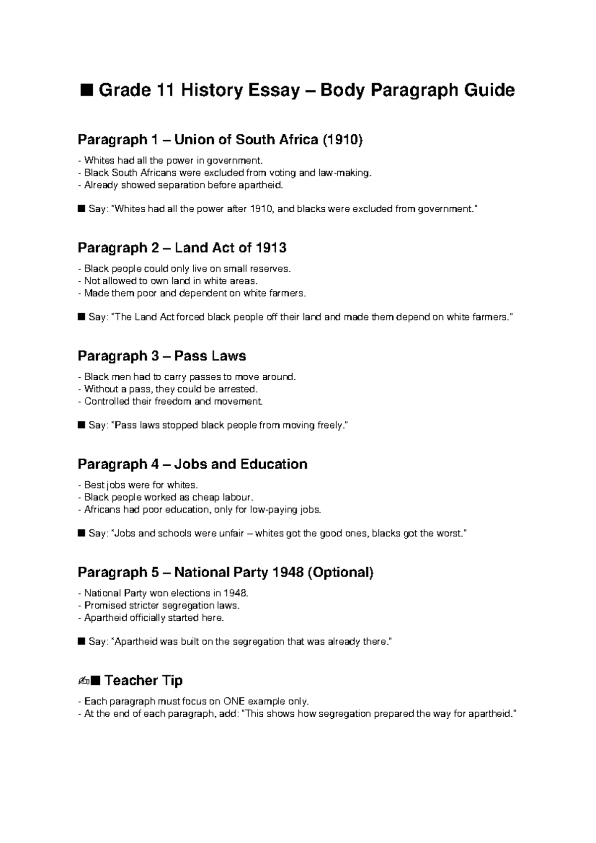 Grade 11 History Essay Body Paragraph Guide: Segregation in South ...