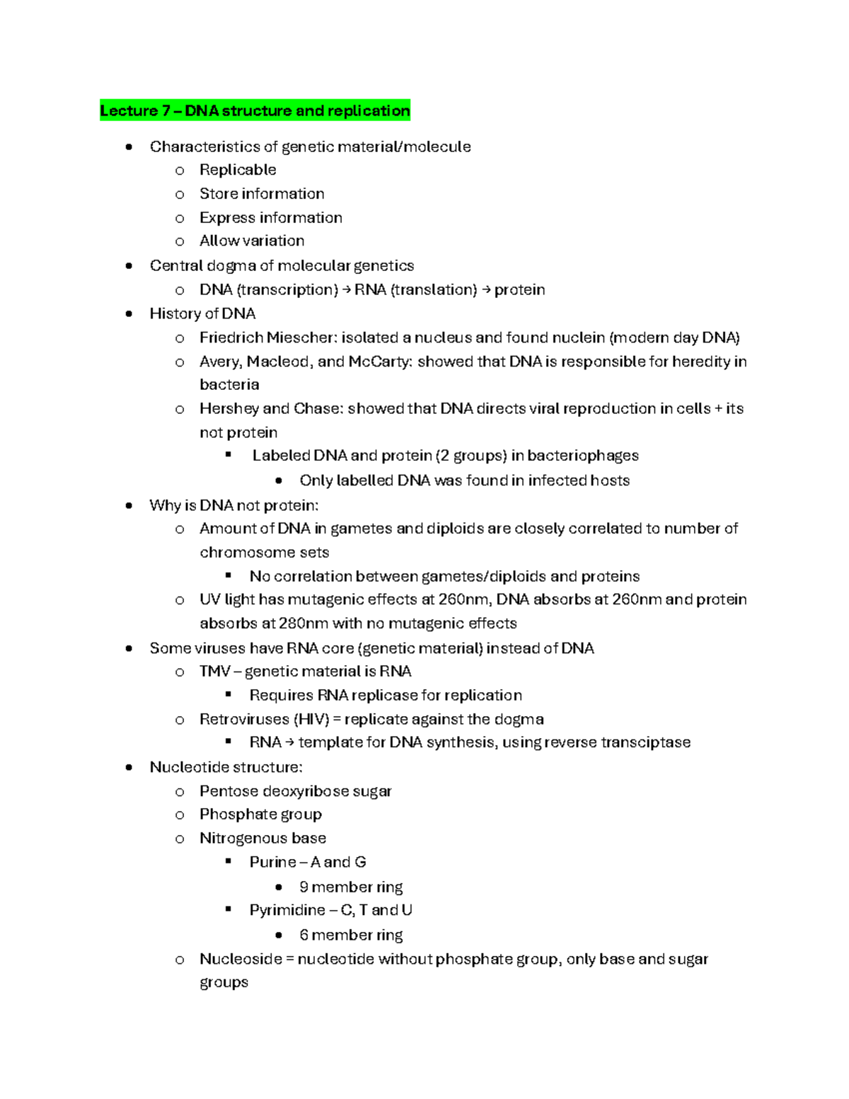 BIO2133 Midterm 2 Lecture Notes on DNA Structure and Replication - Studocu